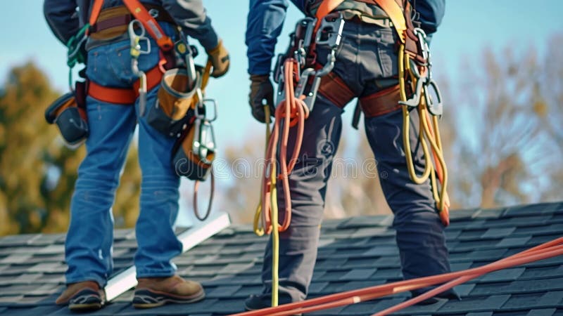 Two Workers Wearing Harnesses and Safety Ropes Work Together on a ...