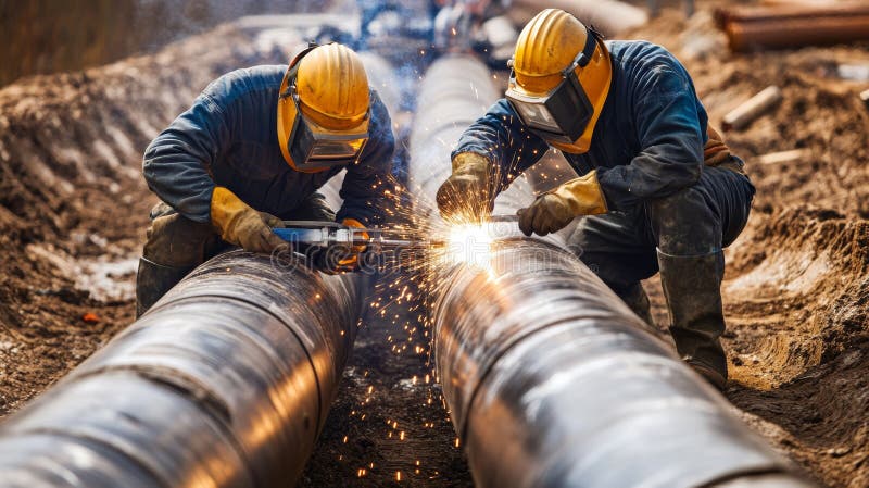 Two Workers Wearing Protective Gear are Welding Large Pipes Together ...