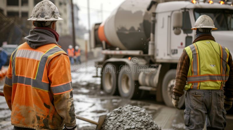 Two Workers Work in Tandem Directing a Cement Truck To Pour Its Load ...