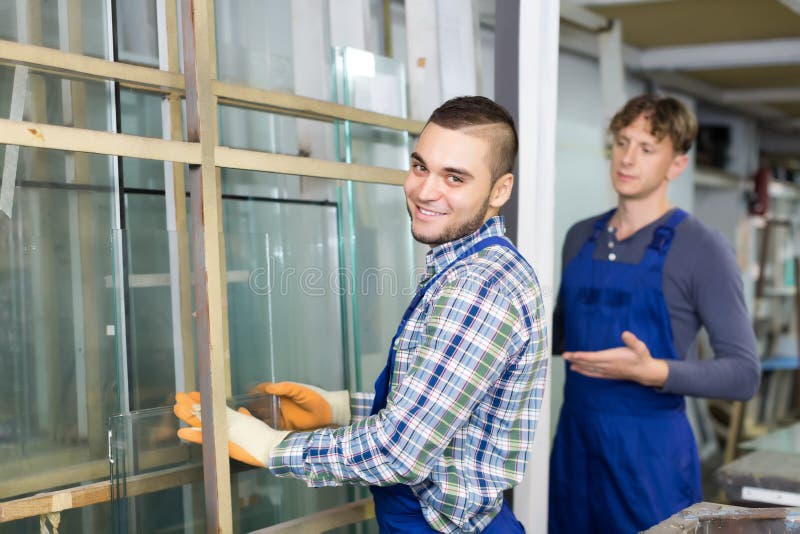 Two Workers Working with Glass Stock Photo - Image of glasswear, mill ...