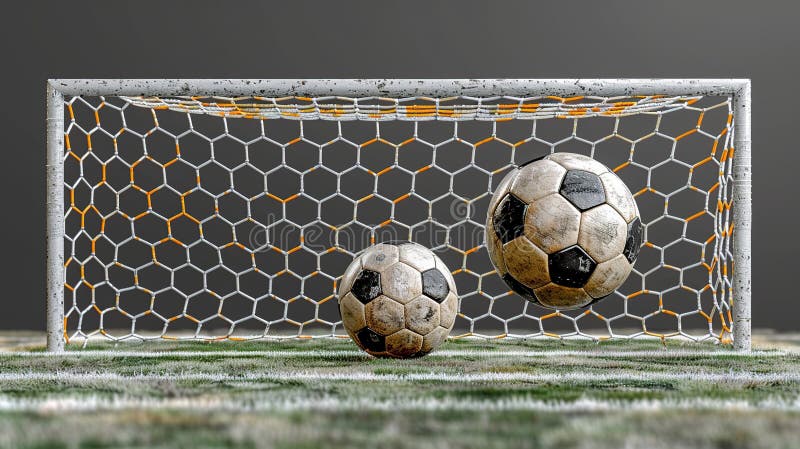 Two Worn Soccer Balls in the Net of a Goal Stock Illustration ...