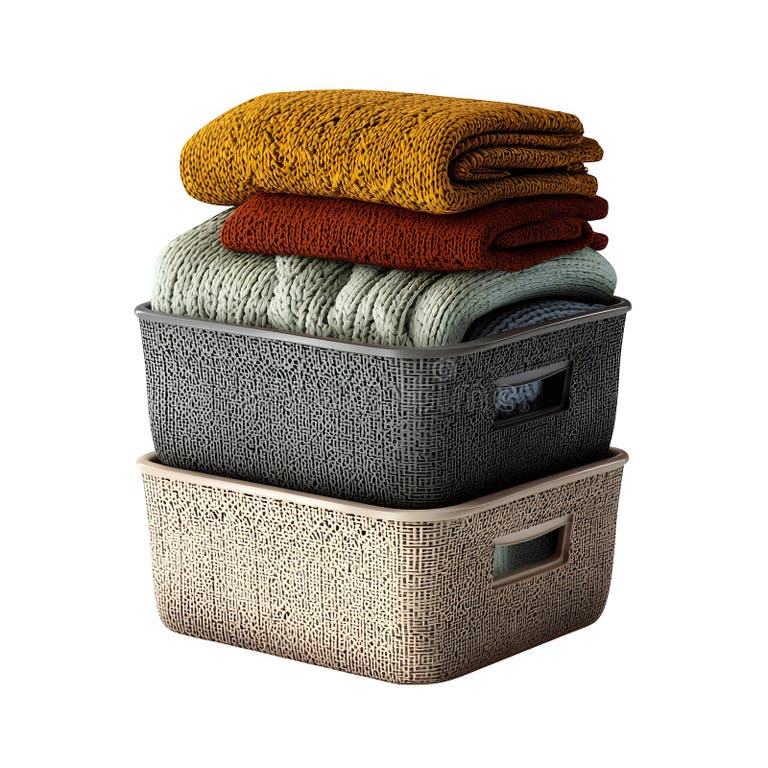 Stack of Two Woven Plastic Storage Baskets with Folded Knit Blankets on ...