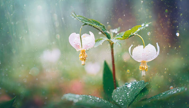 Two Woven Spring Flower in the Rain in a Forest in Spring Close-up with ...