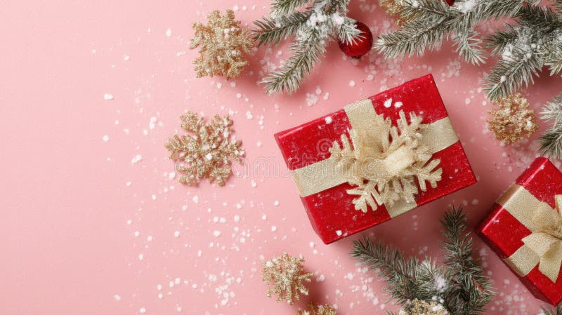 Two Wrapped Gifts with Ribbons on a Pink Surface Decorated with White ...