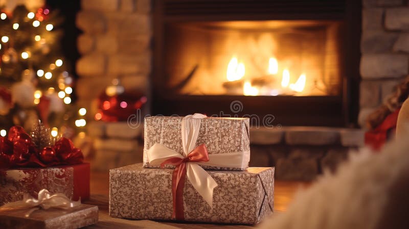 Two Wrapped Presents Sitting in Front of a Fireplace Stock Illustration ...