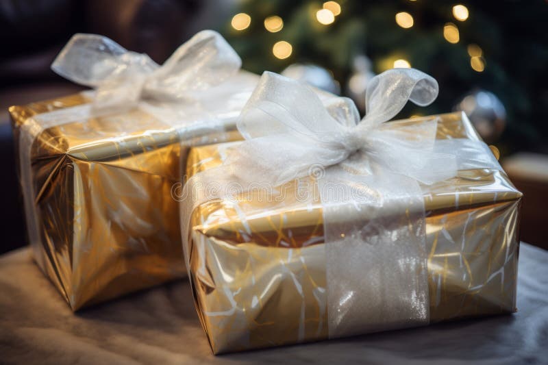 Two Wrapped Presents Sitting on a Table in Front of a Christmas Tree ...