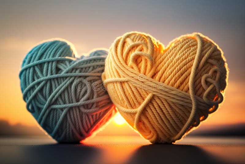 Two Yarn Hearts at Sunset. Generative AI Stock Illustration ...