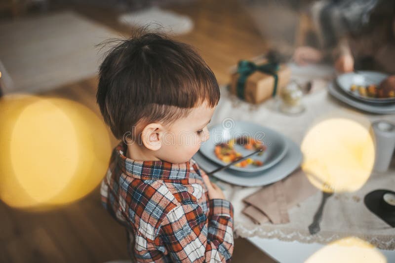Kid with Plate of Tasty Paste in Kitchen. Side View Stock Image - Image ...