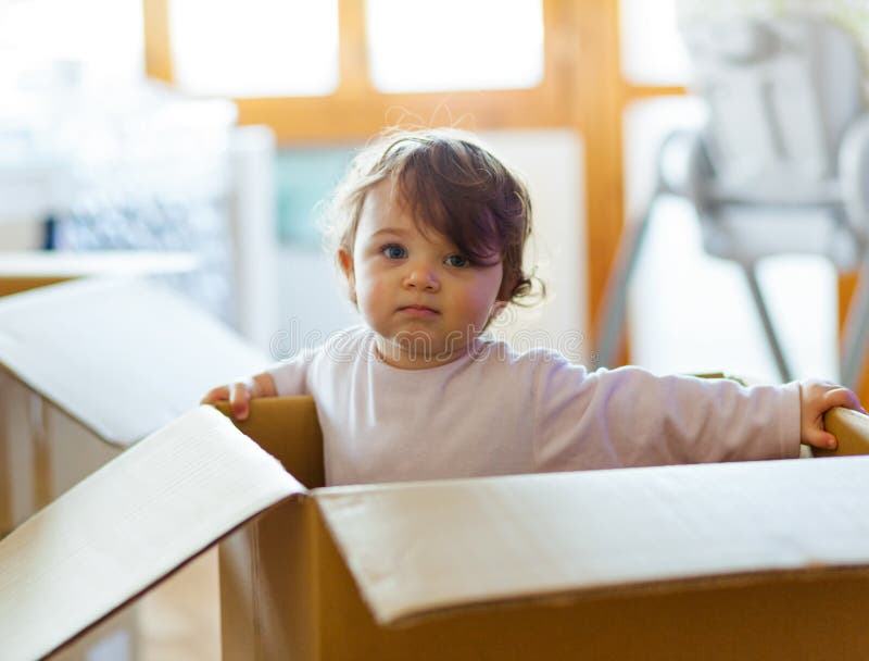 Two-year-old Girl Plays in a Cardboard Box during the Move Stock Image ...
