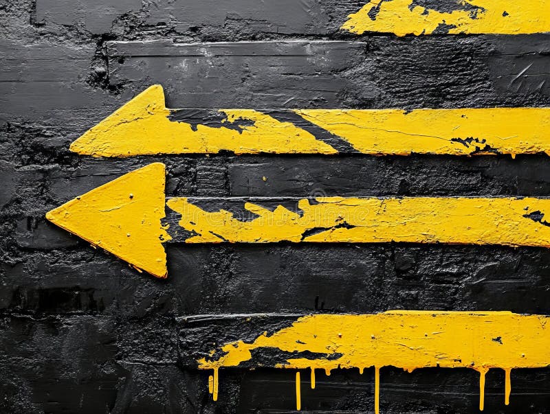 Two Yellow Arrows Painted on a Black Wall with Paint Dripping Down ...