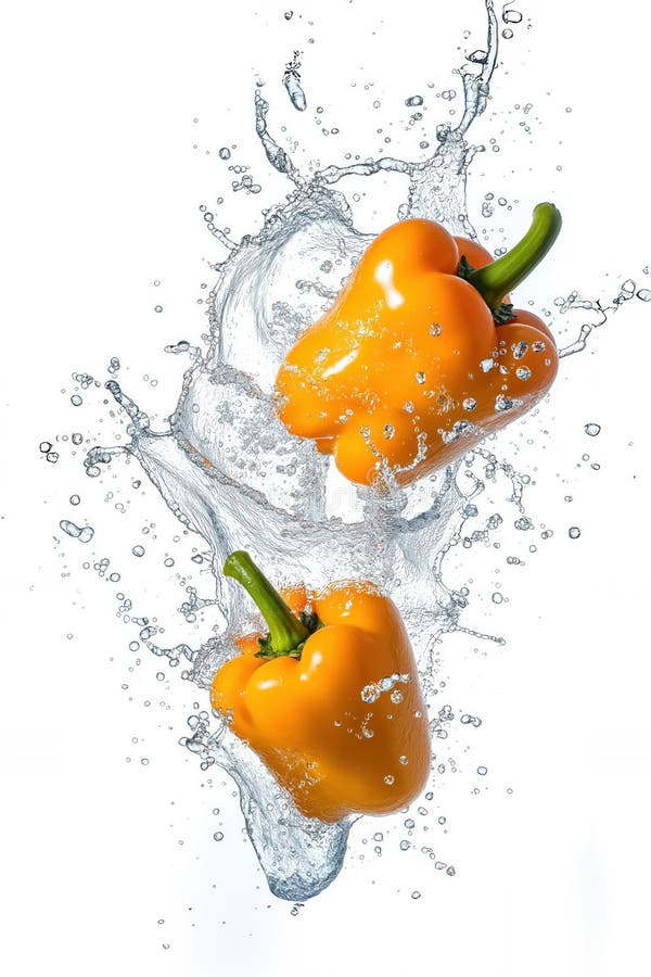 Two Yellow Bell Peppers Splashing in Water on White Background Stock ...