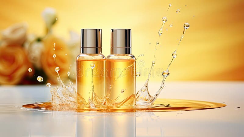 Two Yellow Cosmetics Bottles on Glass Display. AI Generated Stock ...