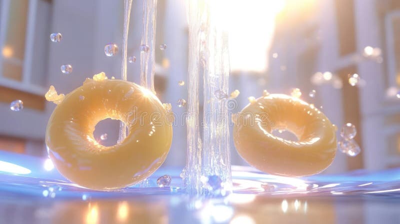Golden Donuts Falling into Water, Splashing with Light Stock ...