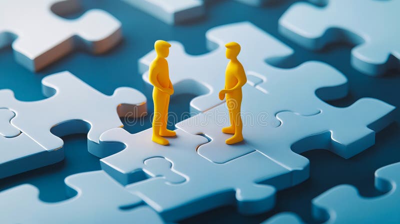Two Yellow Figurines Standing on Top of a Blue Puzzle Piece Stock Photo ...