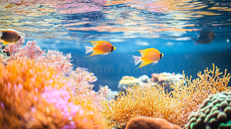 Two Yellow Fish Swim through a Coral Reef in a Blue Ocean Stock Photo ...