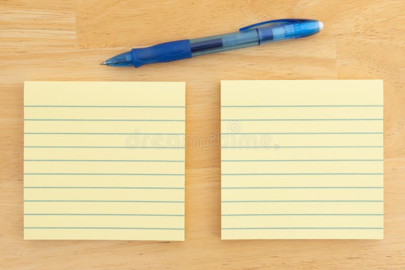 Yellow Sticky Notes with Pen on Wooden Desk Stock Photo - Image of blue ...