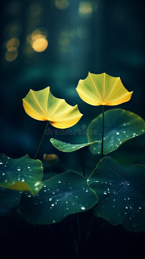 Two Yellow Lotus Leaves in the Dark with Water Droplets Stock ...
