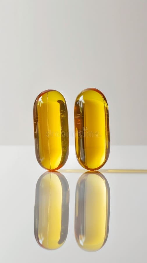 Two Yellow Omega-3 Capsules Standing on Reflective Surface Stock Image ...