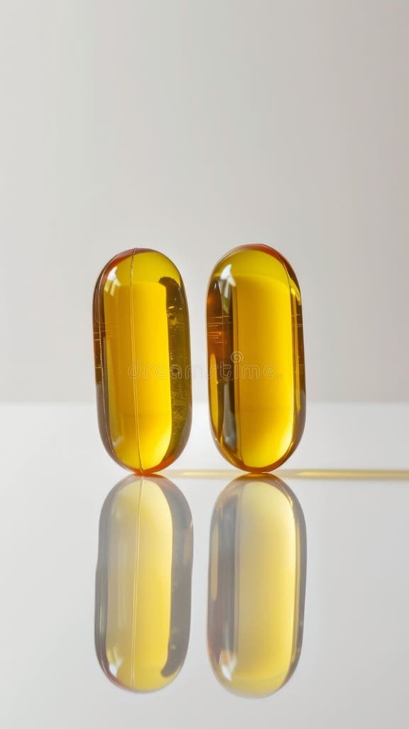 Two Yellow Omega-3 Capsules Standing on Reflective Surface Stock Image ...