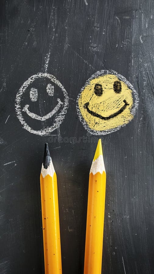 Two Yellow Pencils with Smiley Faces Drawn on Blackboard, Creativity ...
