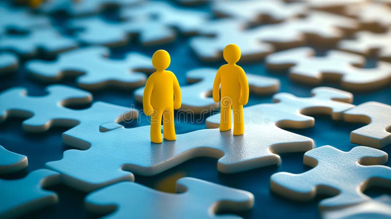 Two Yellow People Standing on Top of a Puzzle Piece Stock Photo - Image ...