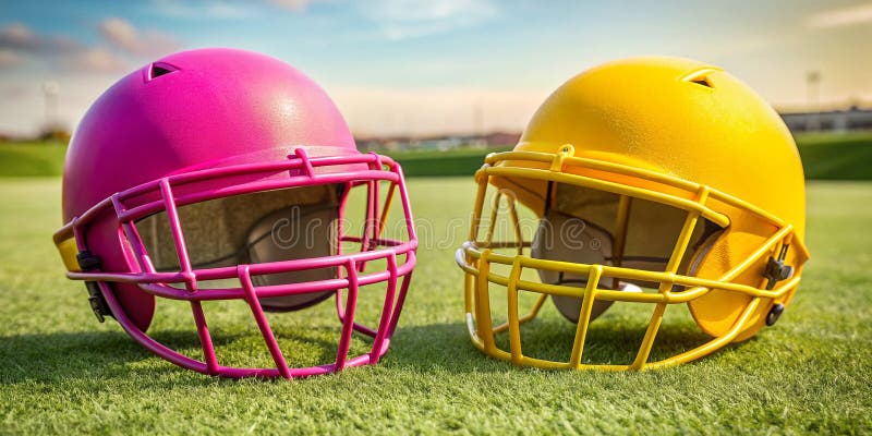 Two Yellow and Pink Cricket Helmets Lying on Grass of a Cricket Ground ...
