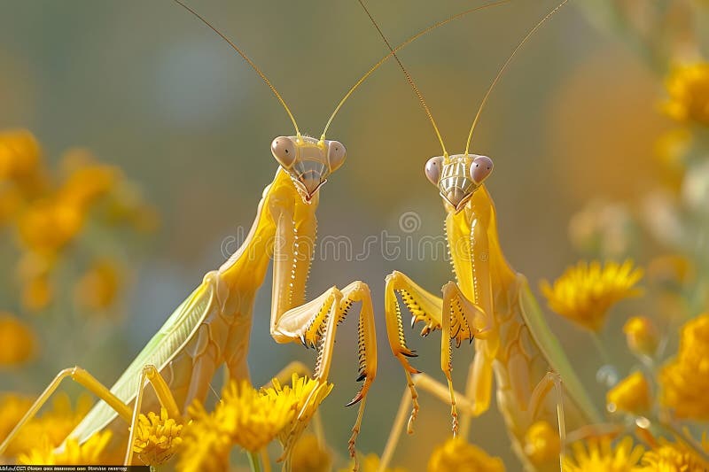 Two Yellow Praying Mantises on Yellow Flowers Stock Illustration ...