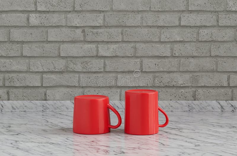Two Yellow Red Coffee Cups Side by Side on a Front View Kitchen Counter ...