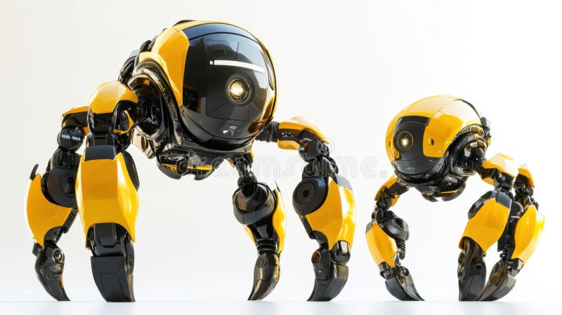 Two Yellow Robotic Creatures with Glowing Eyes on a White Background ...