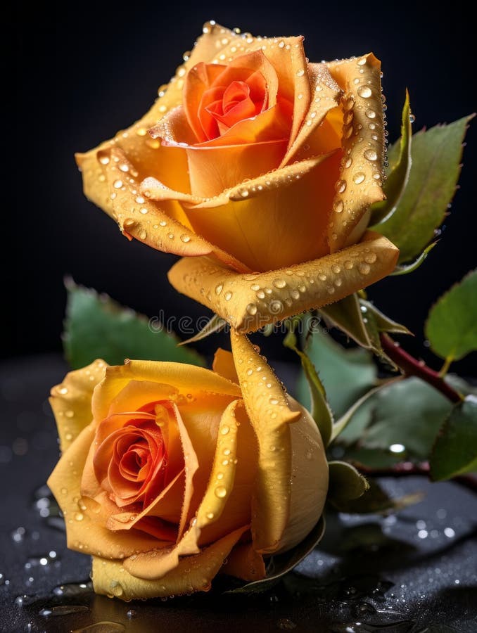Two Yellow Roses with Water Droplets on a Black Background Stock ...