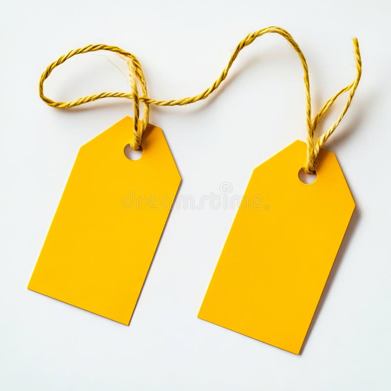 Two Yellow Tags Hanging on a String on a White Surface Stock Photo ...
