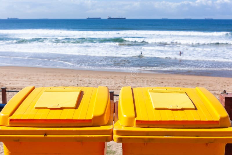 Trash Rubbish Bins Beach Ocean Stock Image - Image of trash, close ...