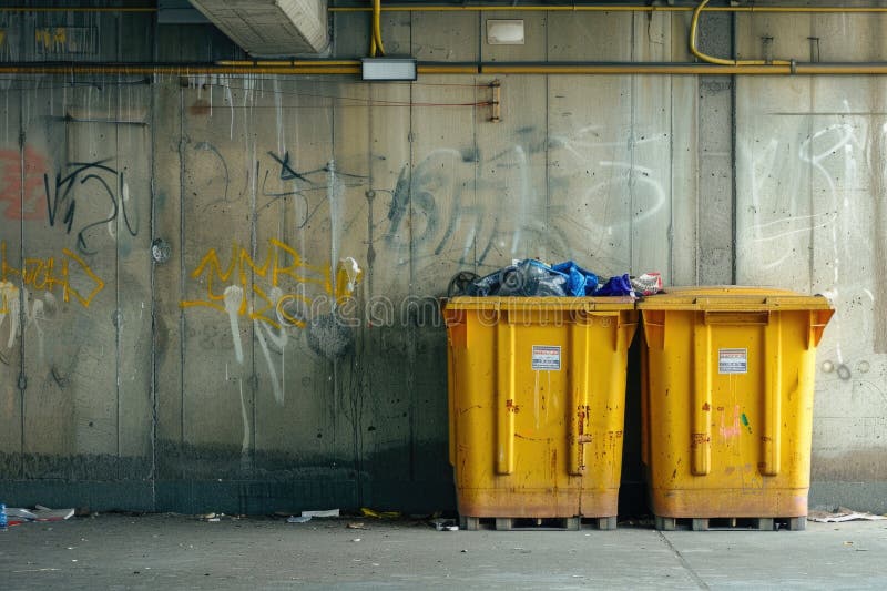 Two Yellow Trash Cans Sit Side by Side on a Surface, Perfect for Waste ...