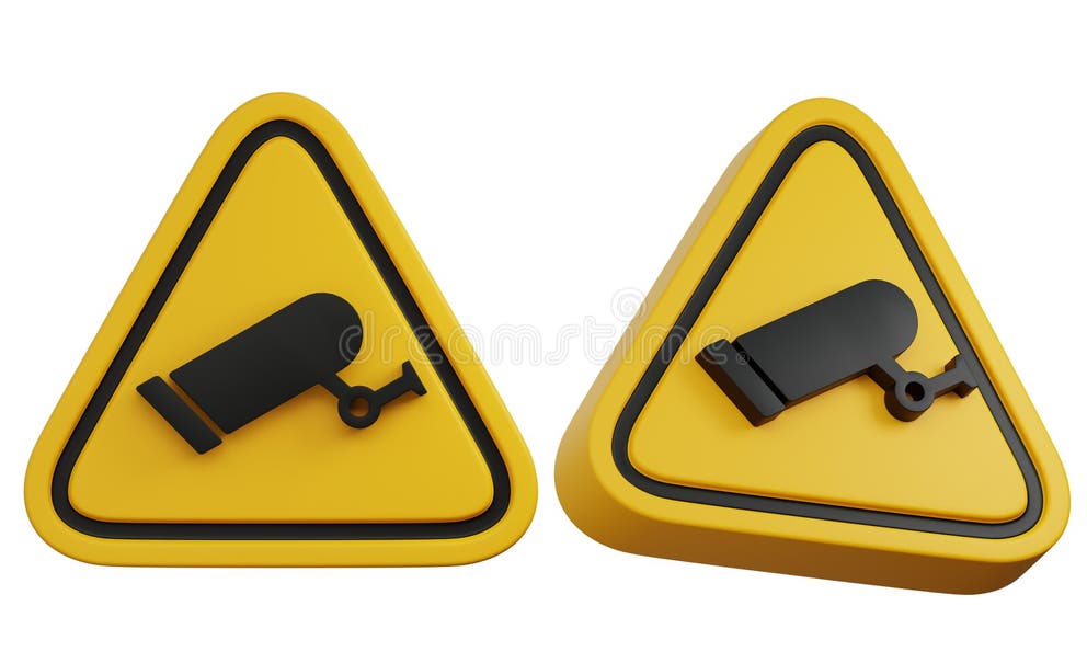 Two Yellow Triangle CCTV Warning Signs (3D Render) - Isolated Stock ...