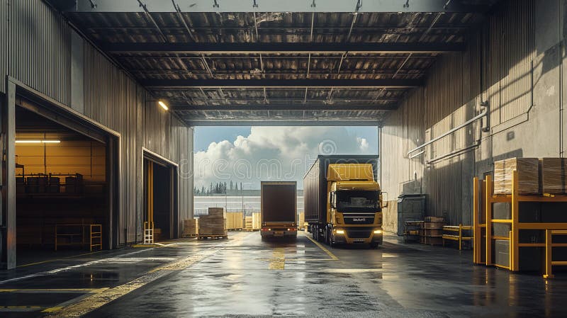 Industrial Warehouse Loading Dock Yellow Trucks Modern Logistics ...