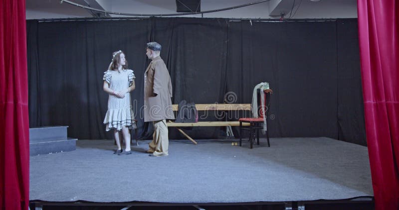 Young Actors Rehearse a Scene on a Theater Stage, Practicing Lines and ...