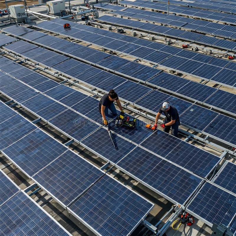 Two Young Adults, One Female and One Male, Installing Solar Panels on a ...