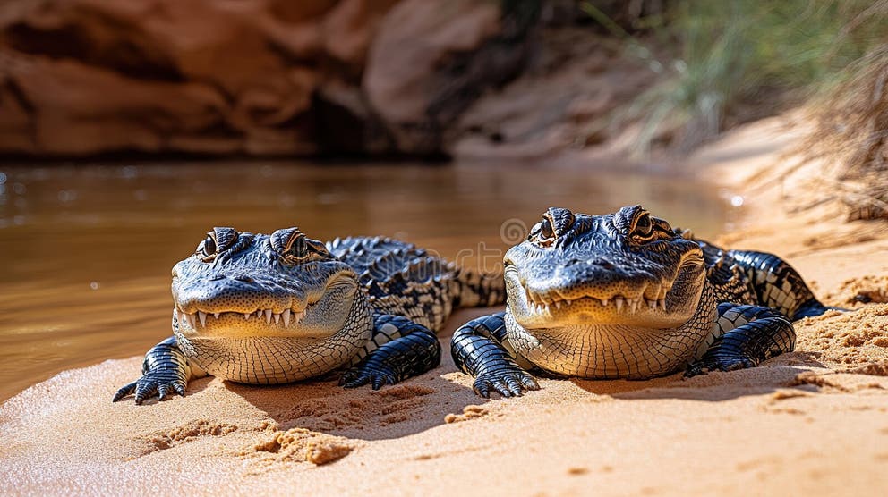 Two Young Alligators Resting on a Sandy Bank Stock Illustration ...