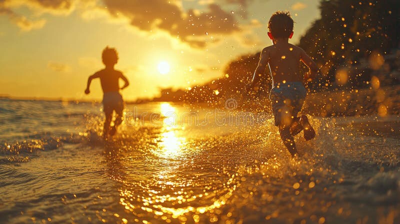 Two Young Asian Children Running in Ocean Waves at Sunset Stock ...