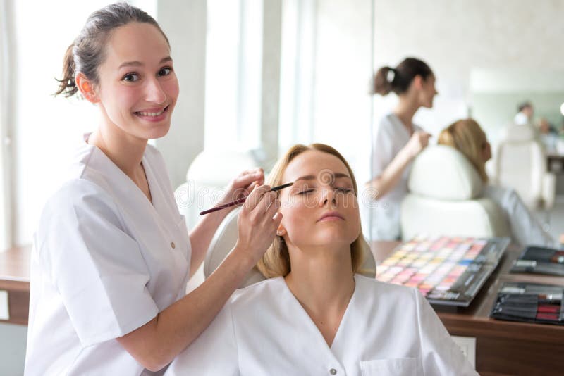 Two Young Beautician Students Working during Make Up Classes Stock ...