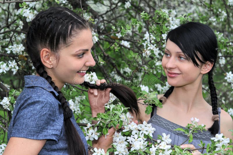 Two Young Beautiful Women in the Spring Stock Photo - Image of orchard ...