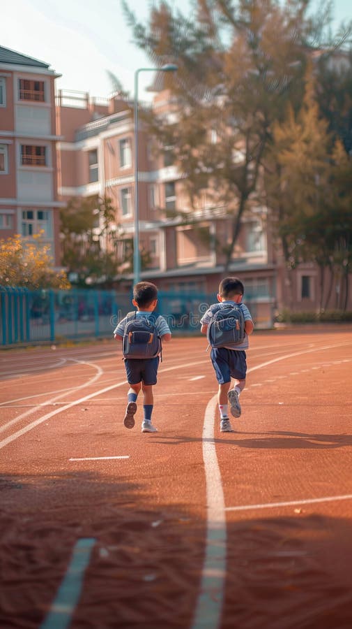 Two Young Boys Running Down Track Stock Photo - Image of court, race ...