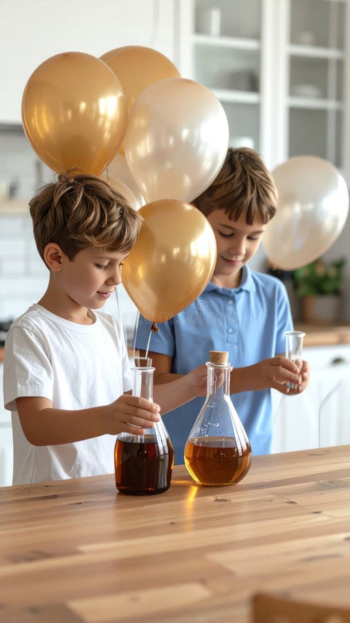 Two Young Boys Performing a Science Experiment with Balloons in a ...