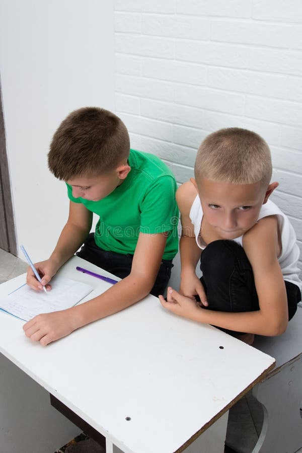 Two Young Boys are Working on Homework Together, One is Writing in a ...