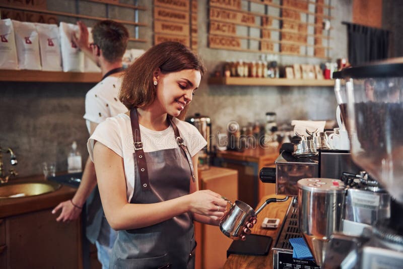 Two Young Cafe Workers Indoors. Conception of Business and Service ...