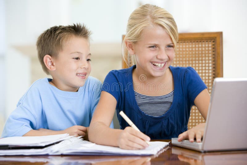 Two Young Children with Laptop Doing Homework Stock Image - Image of ...