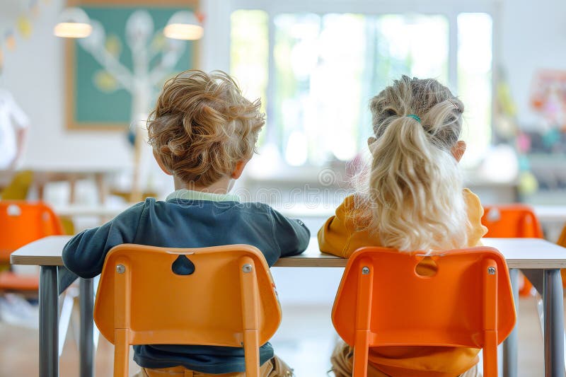 Two Young Children Sit Side by Side in a Classroom, Ready for Learning ...