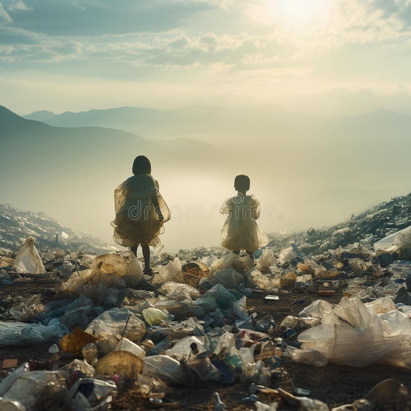 Two Young Children Wearing Raincoats Standing in a Polluted Environment ...
