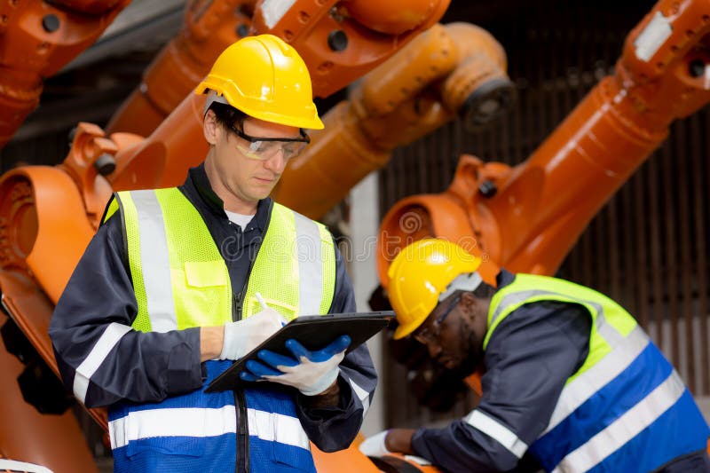 Two Young Engineer Man Checking and Maintenance Machine Robot Arms ...