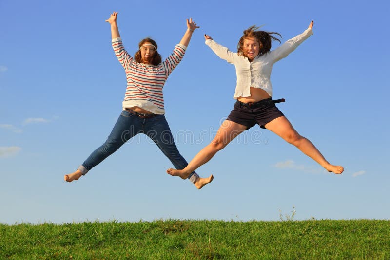 Two Young Fat Girls Jump at Grass Stock Image - Image of full, barefoot ...